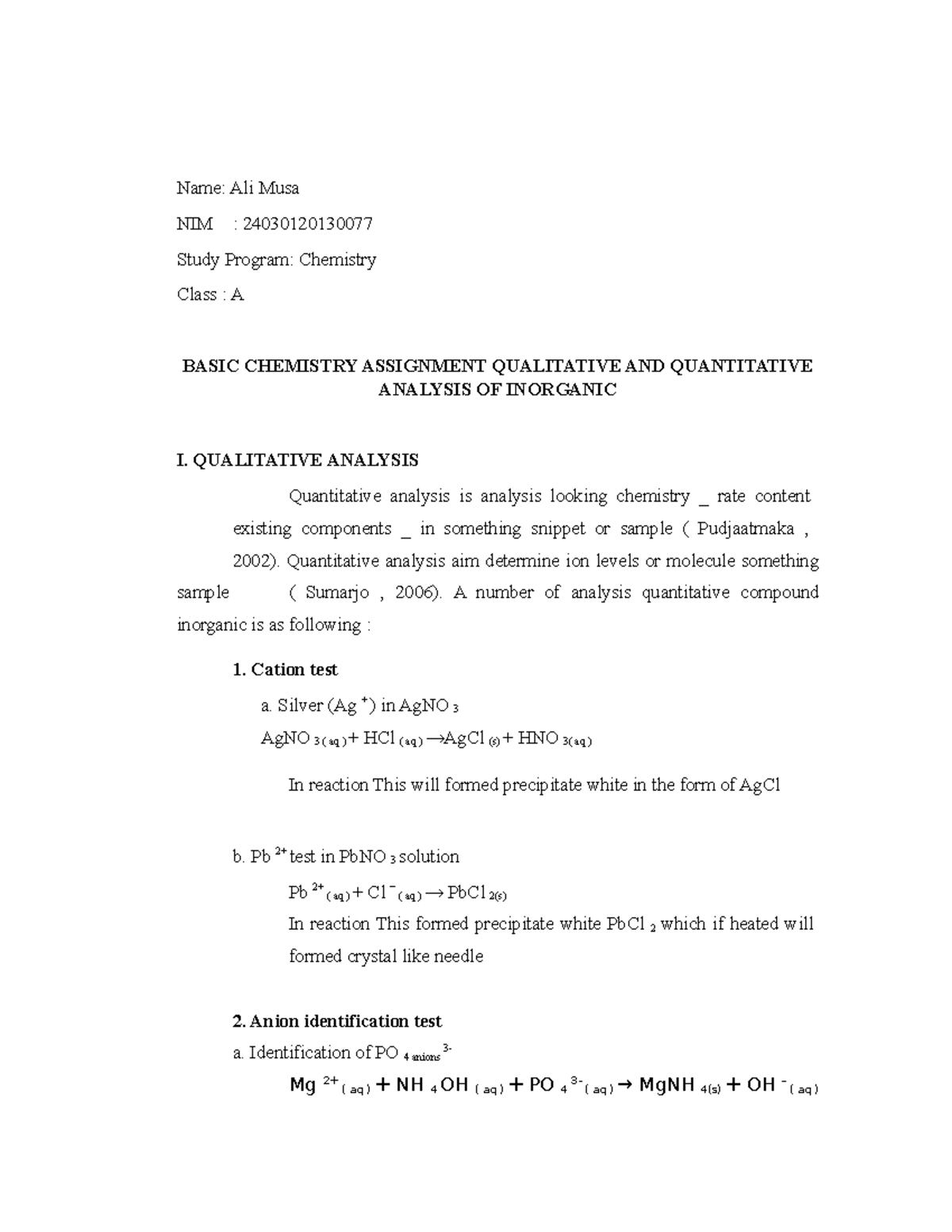 Quantitative analysis is analysis looking chemistry - Name: Ali Musa ...