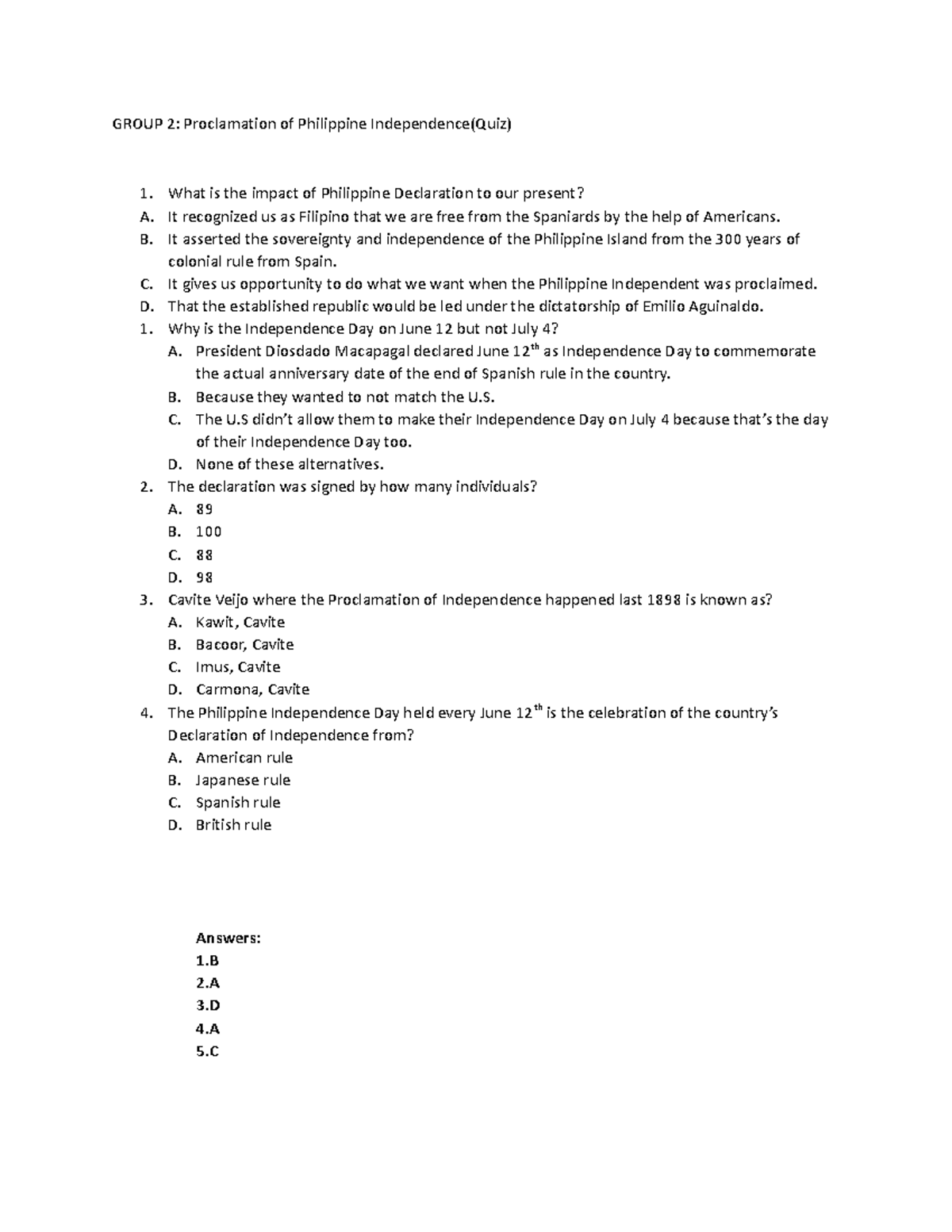 Quiz for RIPH - School purposes - GROUP 2: Proclamation of Philippine ...