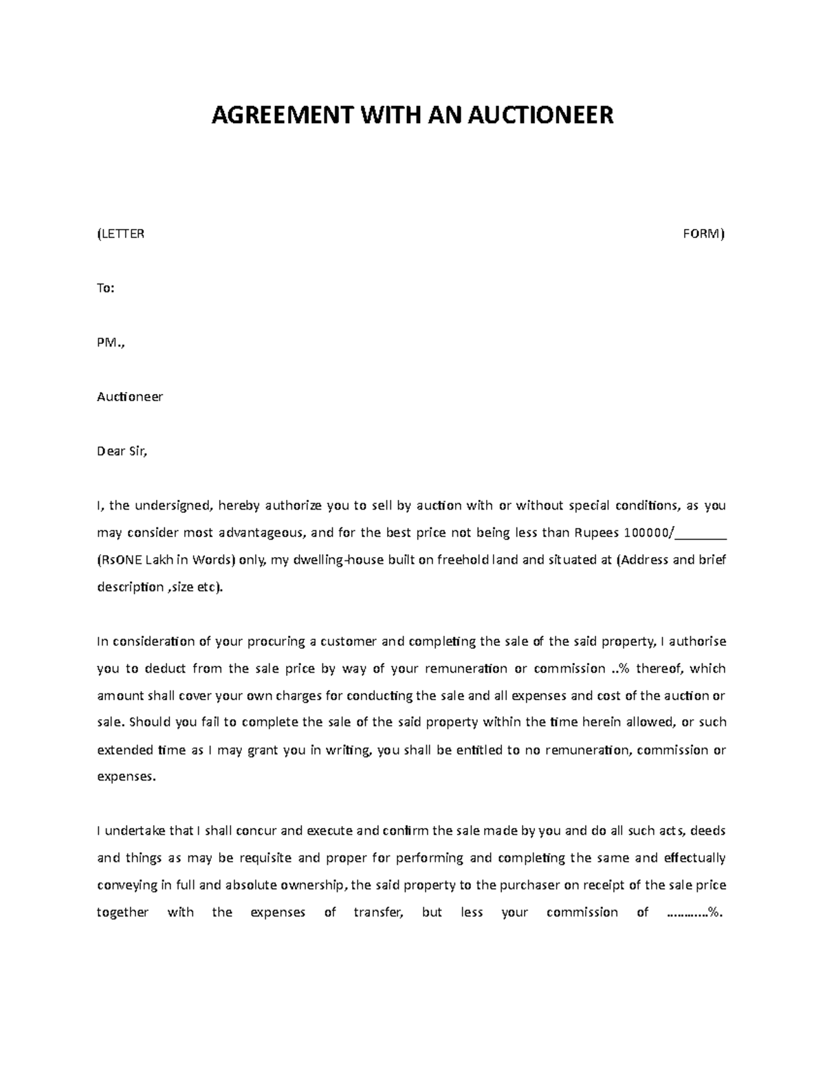 Agreement WITH AN Auctioneer - AGREEMENT WITH AN AUCTIONEER (LETTER ...