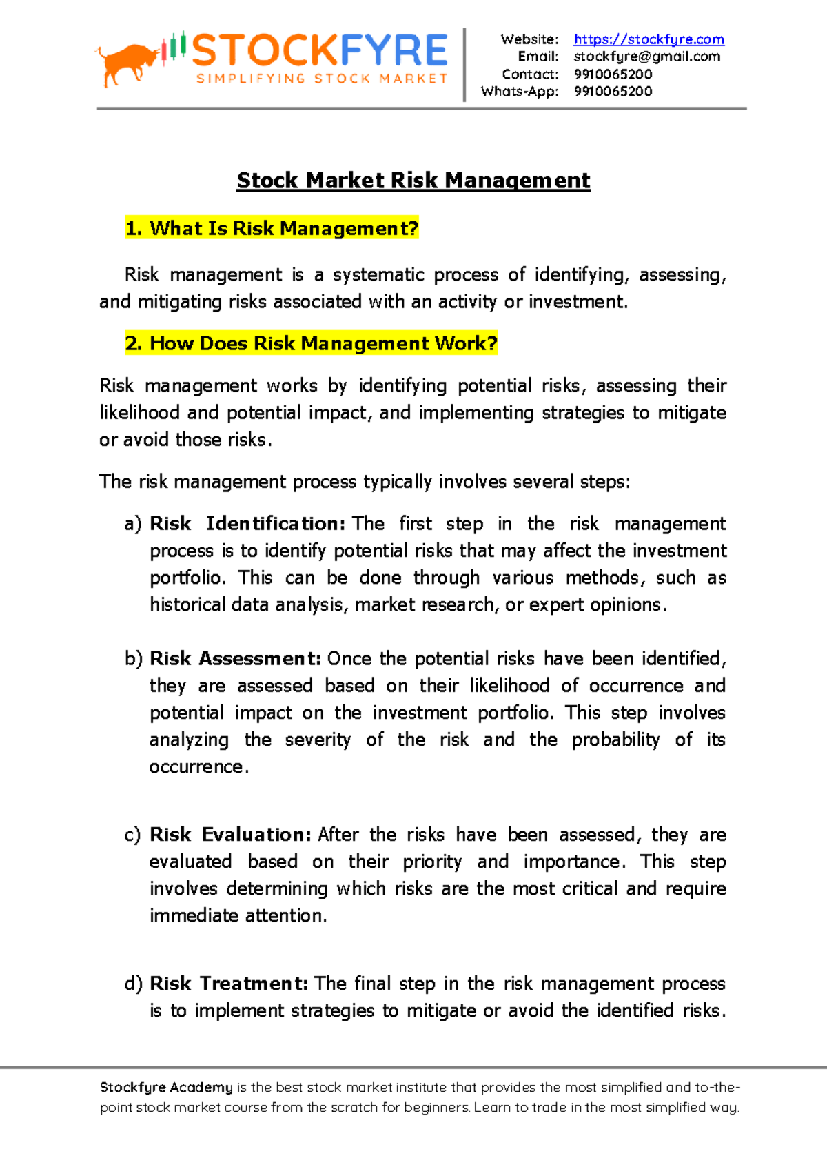 Self study material Stock Market Risk Management - Stockfyre Academy is ...