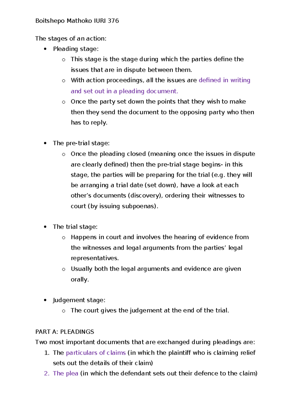 376 notes for test 2 - The stages of an action: Pleading stage: o This ...