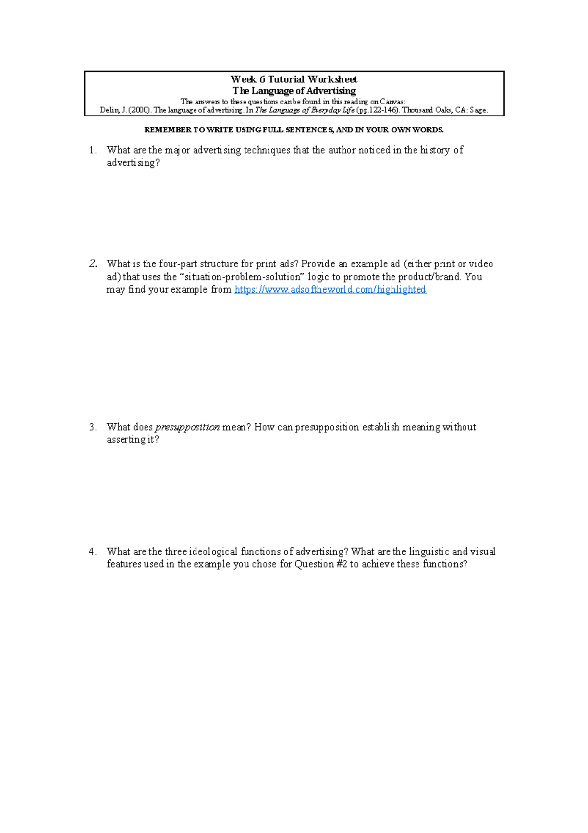 Comms 104 G Worksheet for Week 6 Tutorial - Week 6 Tutorial Worksheet ...