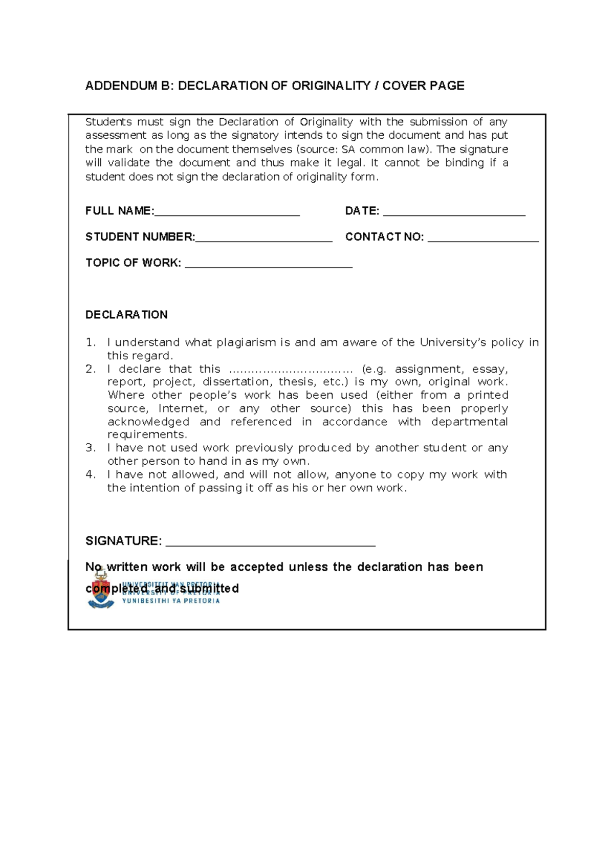 Declaration 2023 - ADDENDUM B: DECLARATION OF ORIGINALITY / COVER PAGE ...