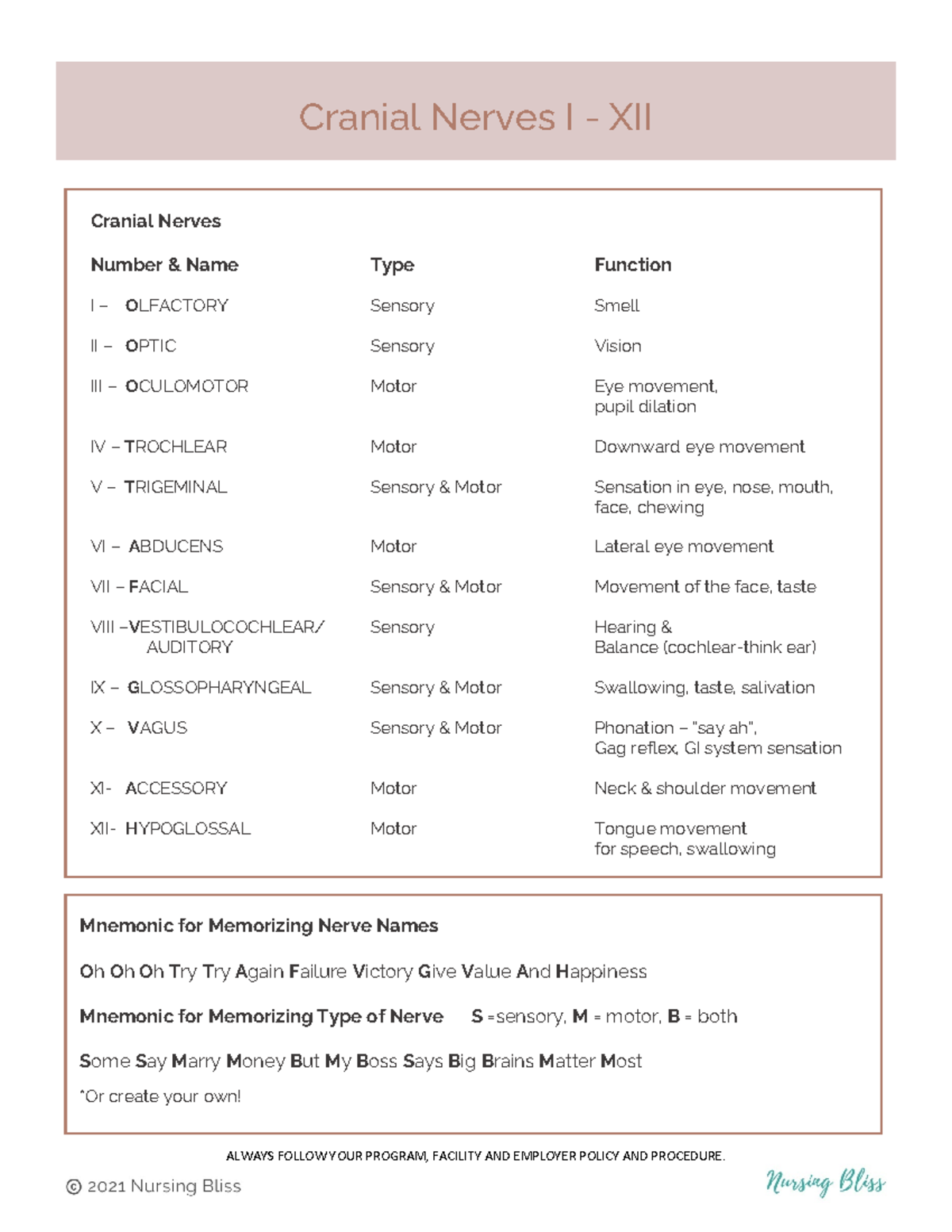 CS001 Cranial Nerves Cheat Sheet by Nursing Bliss - ALWAYS FOLLOW YOUR ...