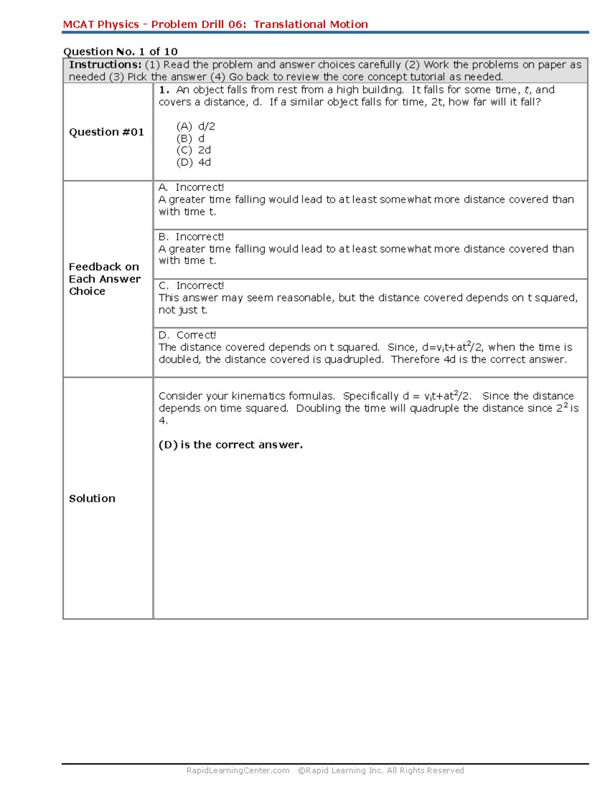 MPH PS06 Translational Motion - MCAT Physics - Problem Drill 06 ...