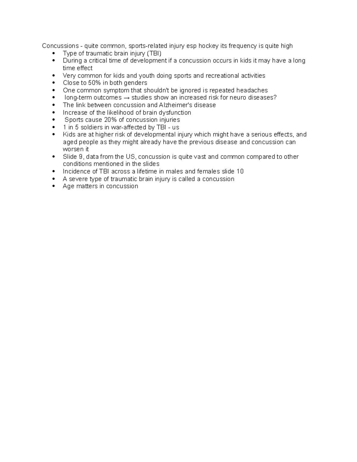 Concussions - short notes - Concussions - quite common, sports-related ...