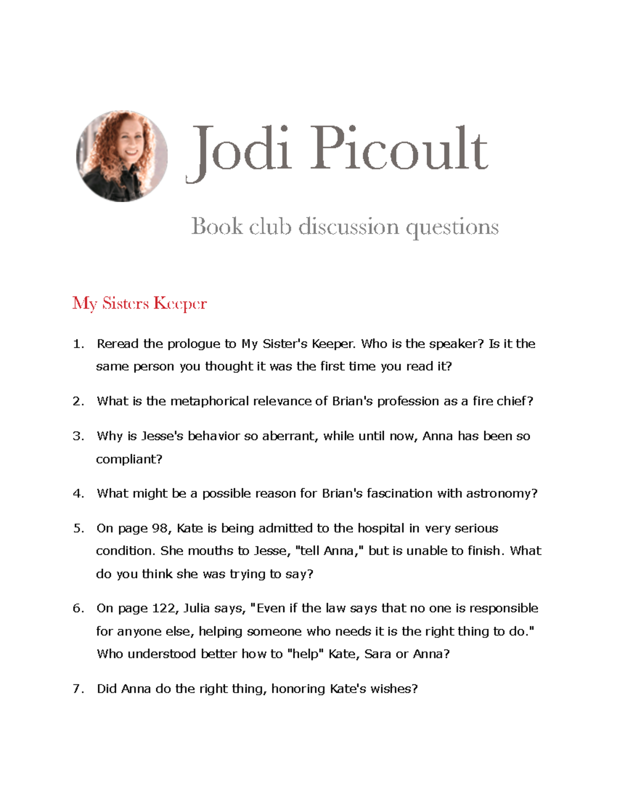 My-sisters-keeper-questions 1 - My Sisters Keeper 1. Reread the ...