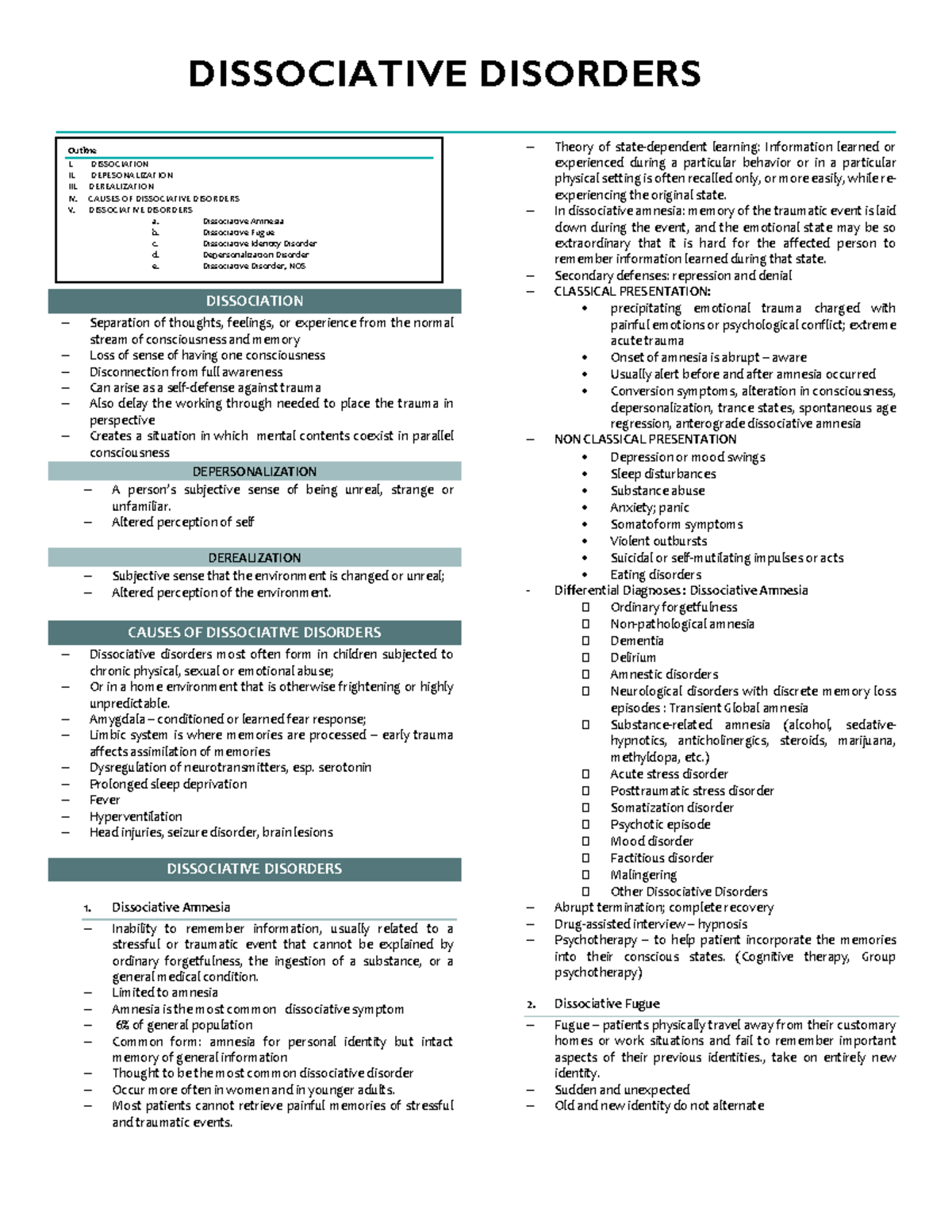 Dissociative Disorders - DISSOCIATIVE DISORDERS DISSOCIATION Separation ...
