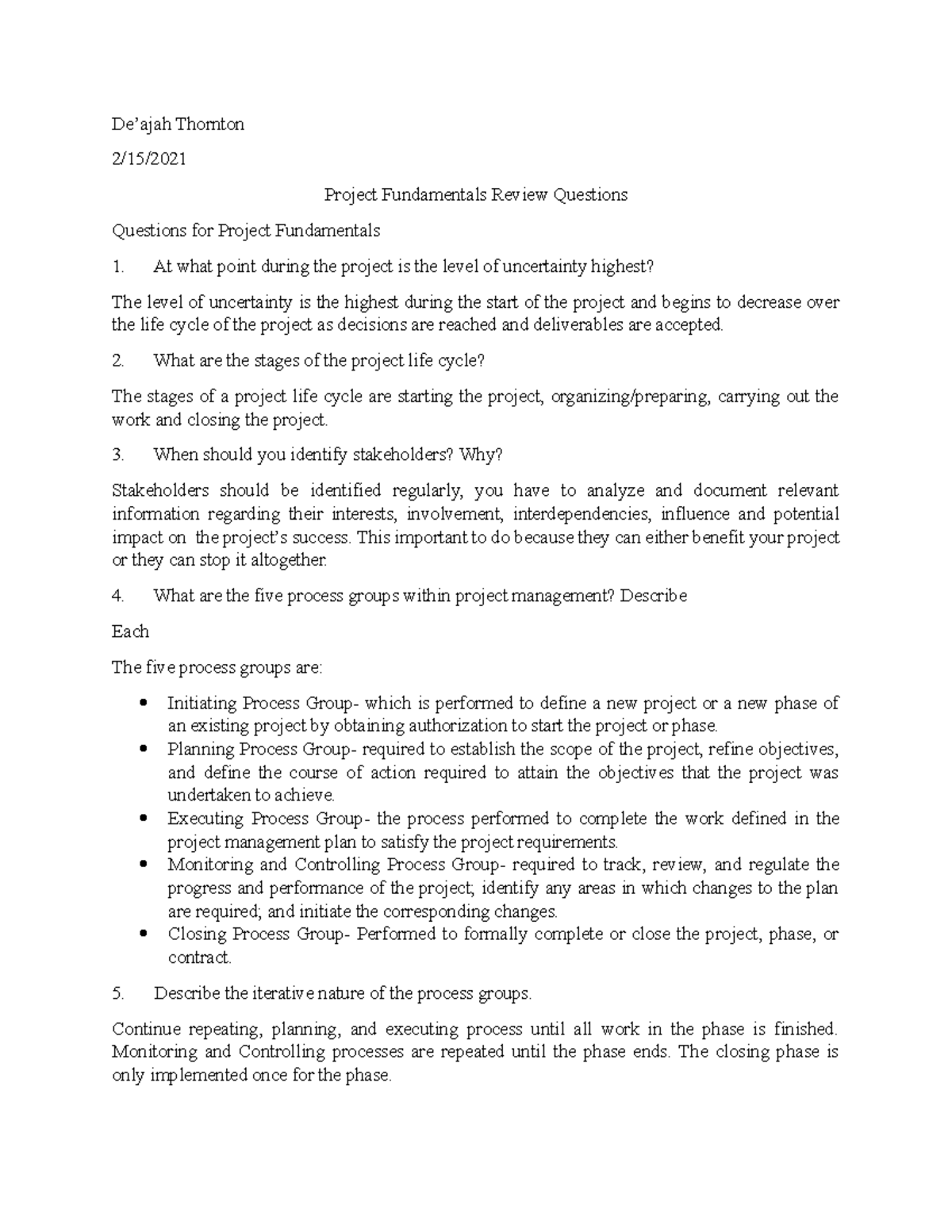 Project Management Project Fundamental Reveiw Questions - De’ajah ...