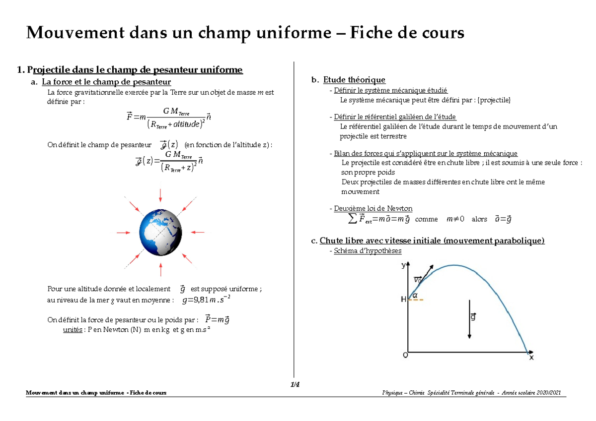 Champ uniforme fiche cours - Mouvement dans un champ uniforme – Fiche ...