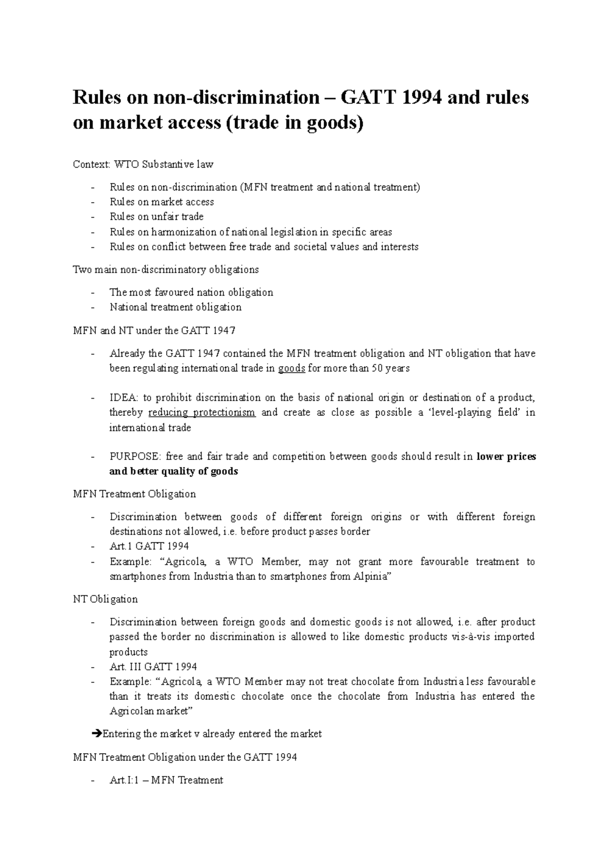 Rules on non-discrimination - before product passes border Art GATT ...