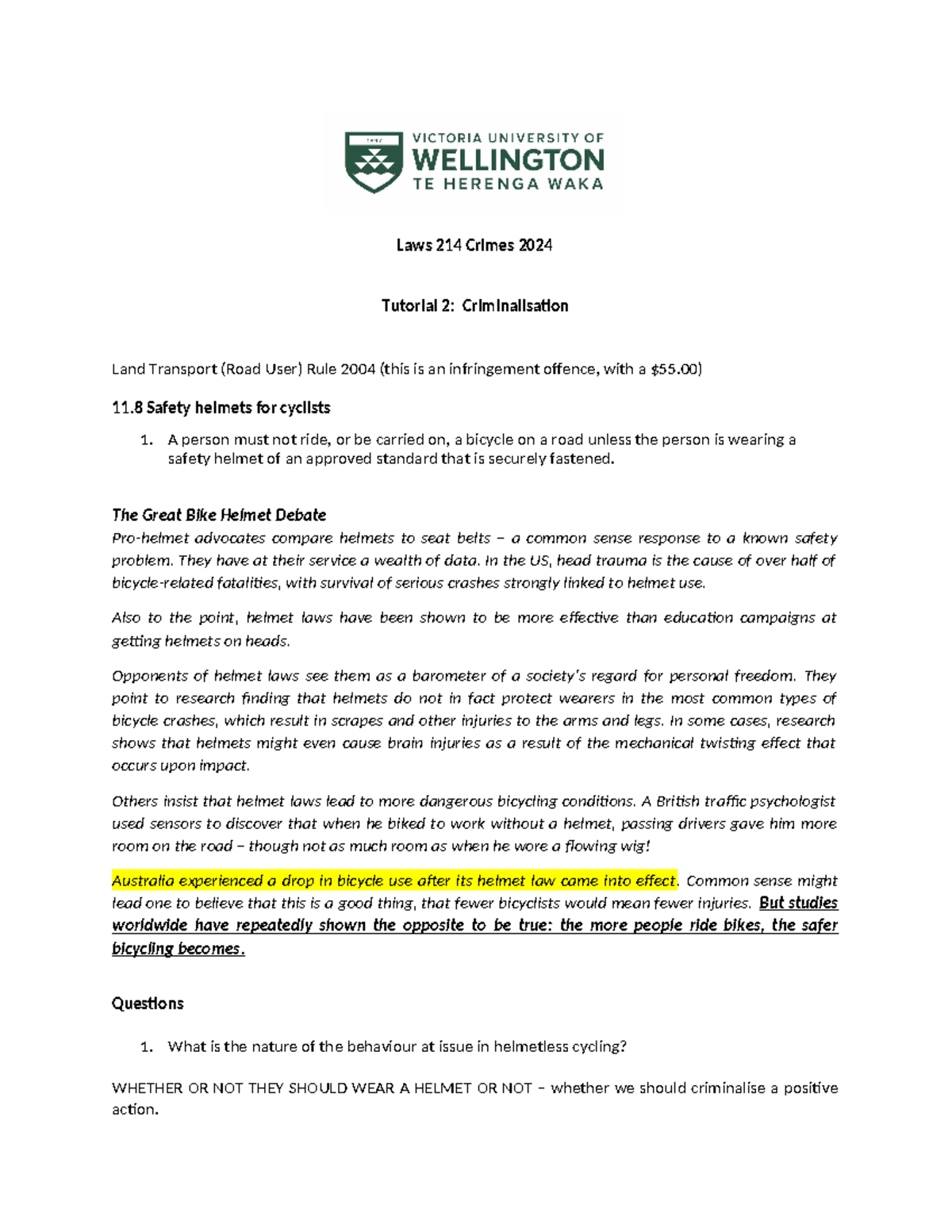 Tutorial two - crimes - Laws 214 Crimes 2024 Tutorial 2: Criminalisation Land Transport (Road ...