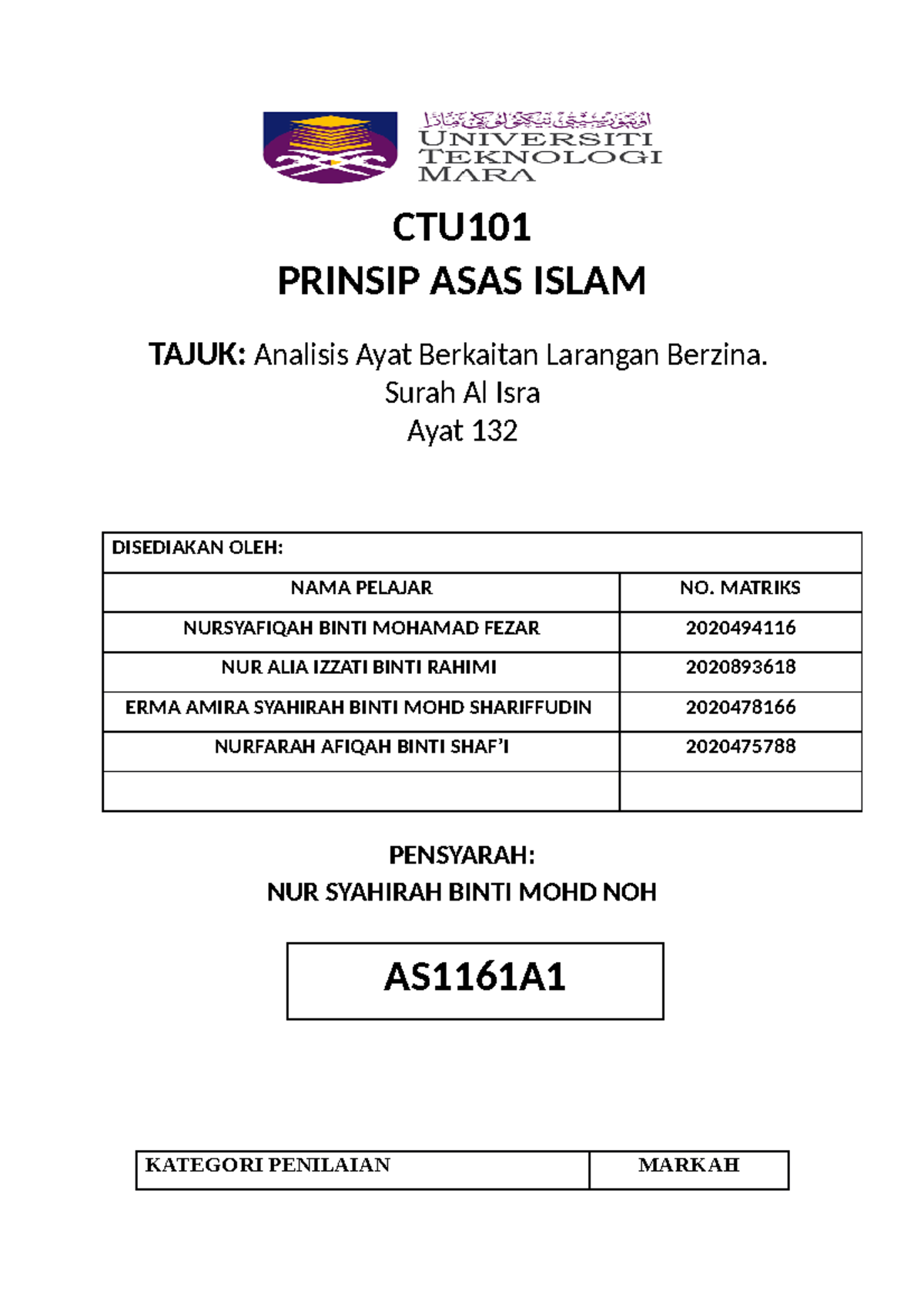 CTU101 - kamal adli - CTU PRINSIP ASAS ISLAM TAJUK: Analisis Ayat Berkaitan Larangan Berzina ...