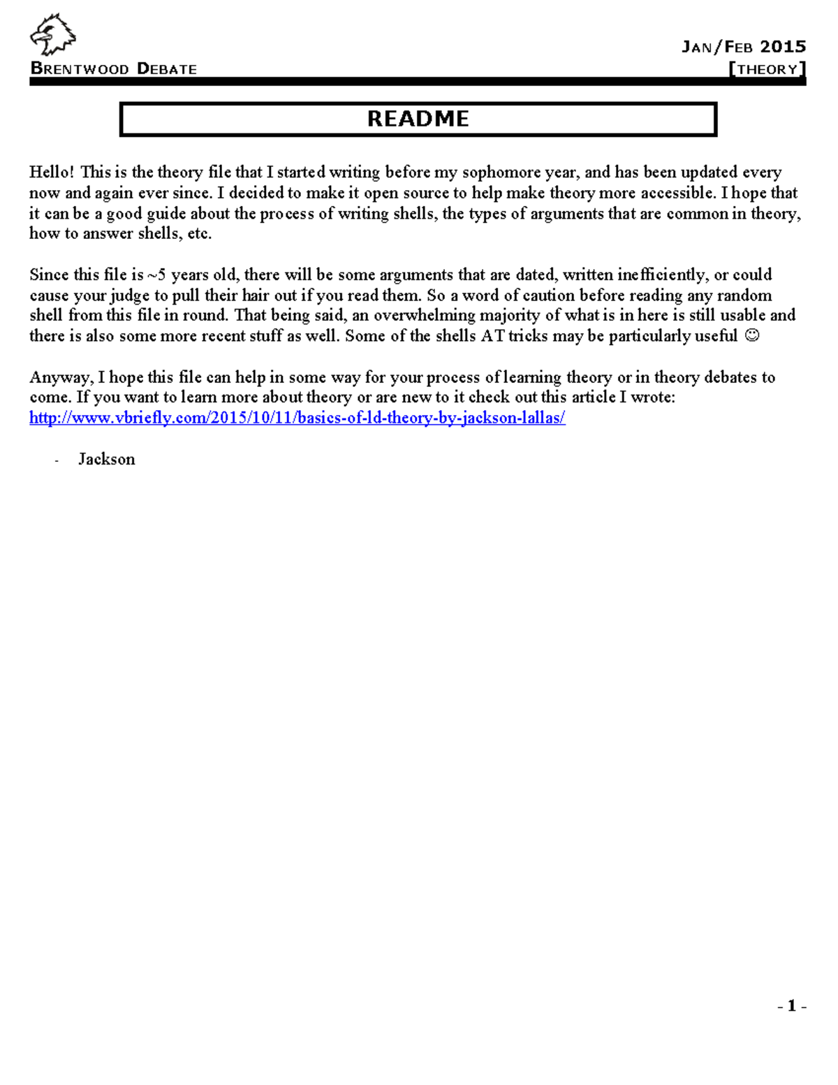 CD Brentwood Theory File - BRENTWOOD DEBATE [THEORY] README Hello! This ...