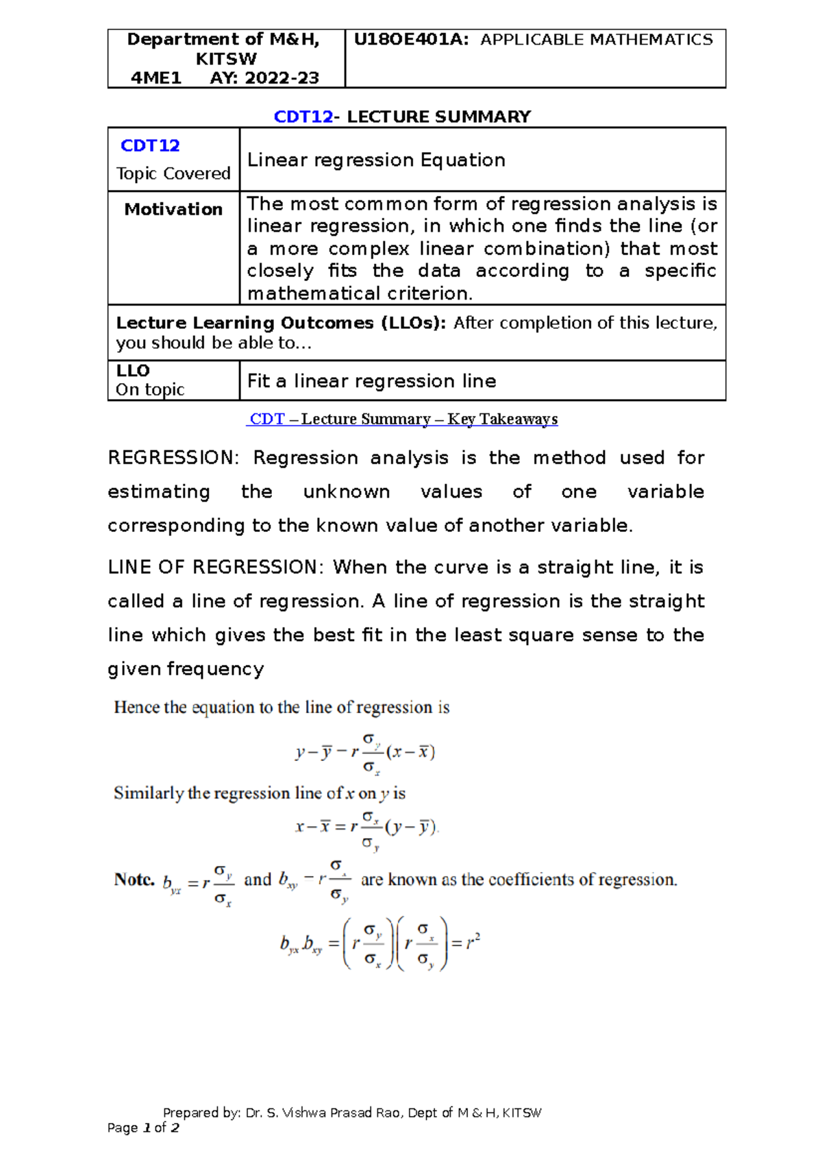 CDT12 Unit 2 Linearregresion Equation - Department of M&H, KITSW 4ME1 ...