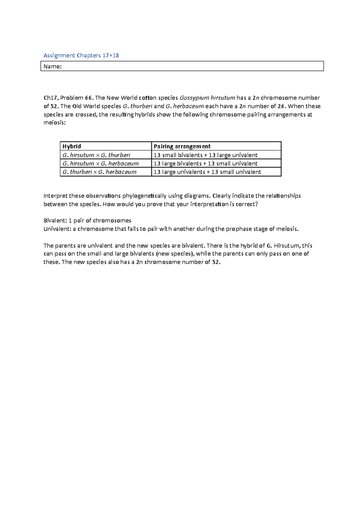 Assignment Chapters 17+18 - Assignment Chapters 17+ Name: Ch17, Problem ...