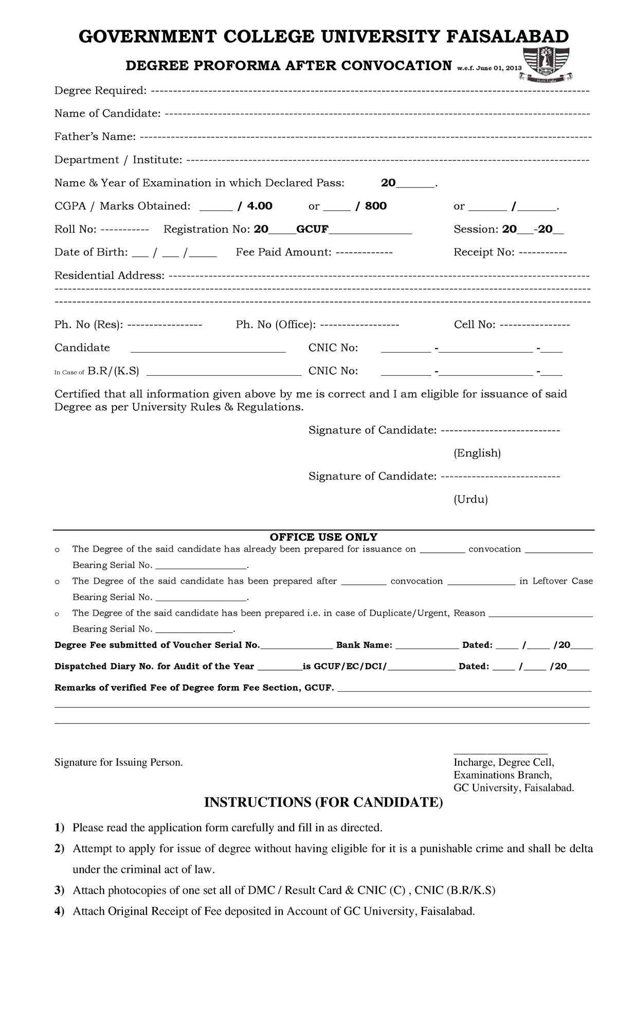 Application for Issuance of Degree - GOVERNMENT COLLEGE UNIVERSITY ...