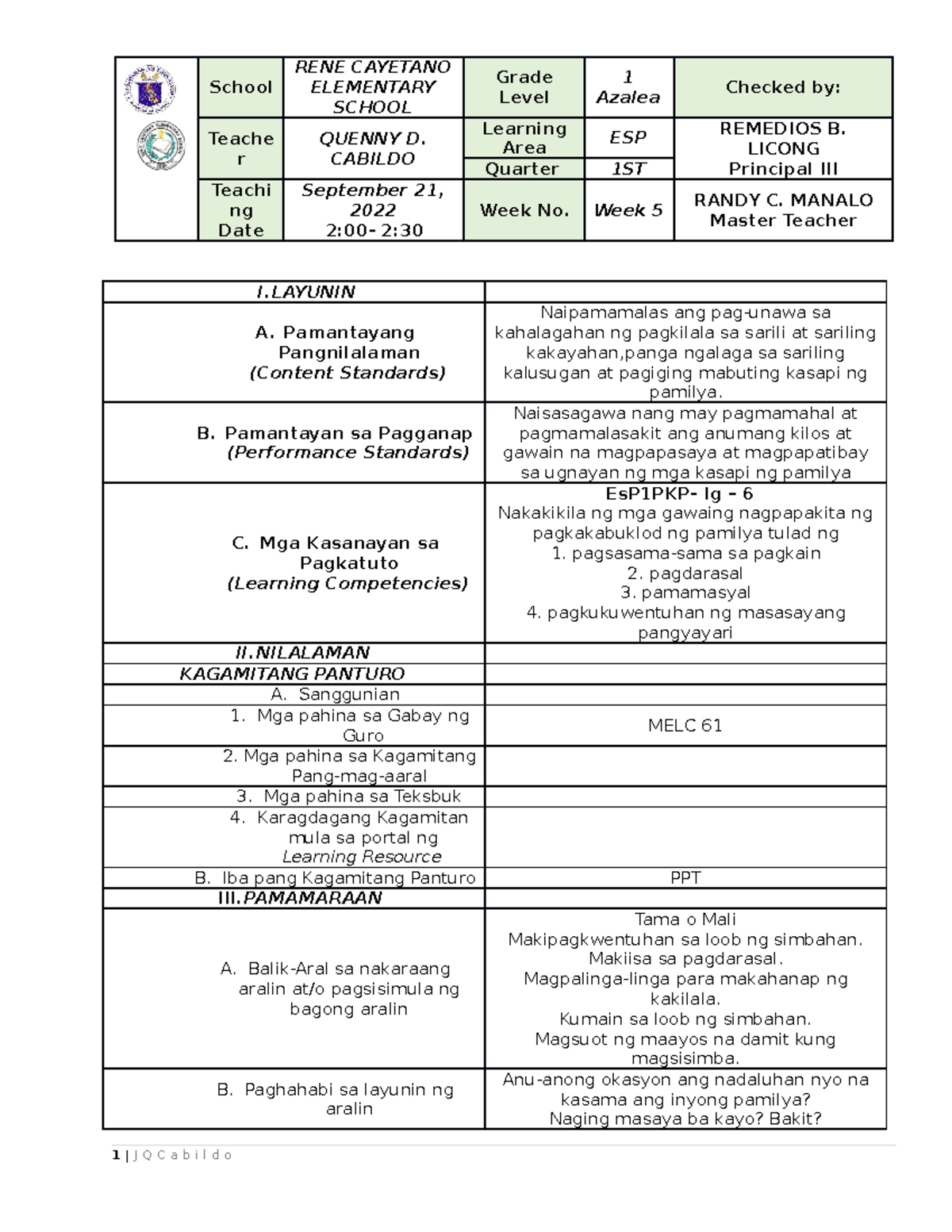 Week 5 day 1 - Sample Lesson Plan - School RENE CAYETANO ELEMENTARY ...