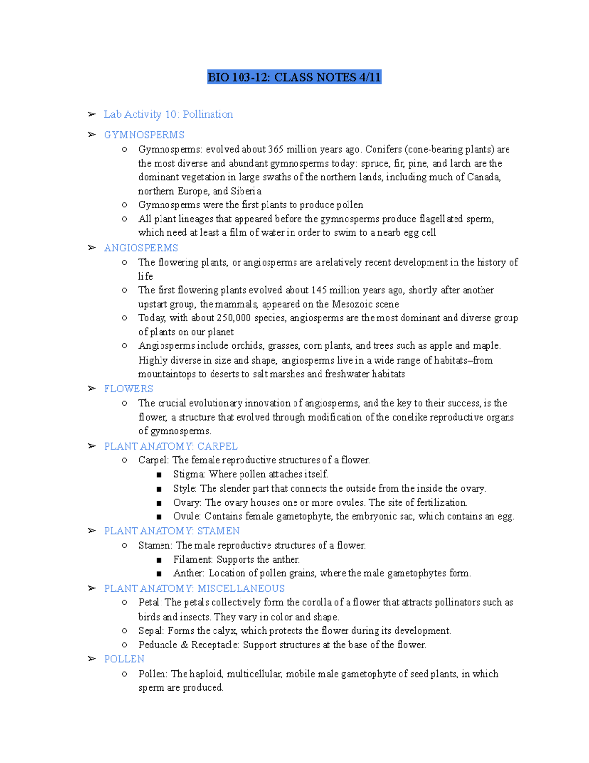 BIO 103 - Pollination - BIO 103-12: CLASS NOTES 4/ Lab Activity 10 ...