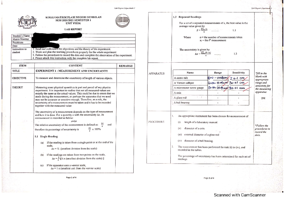 Exp 1 measurements and uncertainty semester 1 - Physics - Studocu