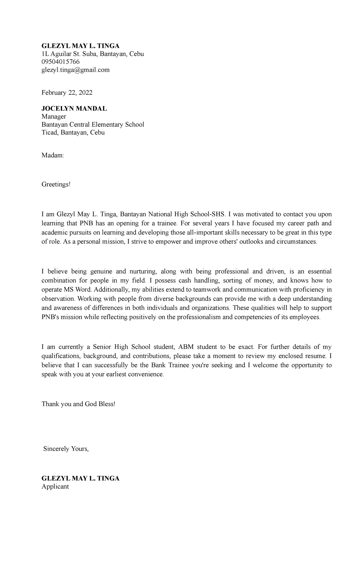 Glezyl MAY L. Tinga Application Letter - GLEZYL MAY L. TINGA 1L Aguilar ...