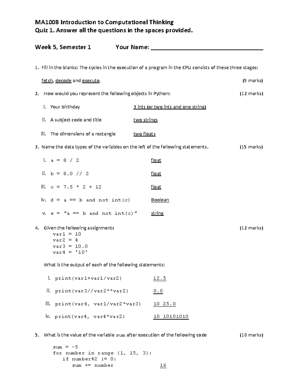 Quiz 1 Set C Solution - Online quiz - MA1008 Introduction to Computational Thinking Quiz 1 ...