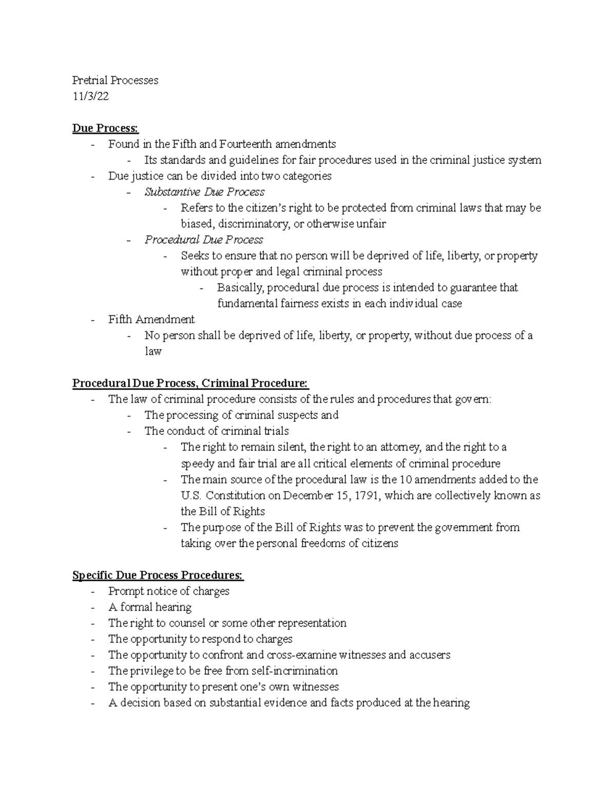 Pretrial Processes - Pretrial Processes 11/3/ Due Process: - Found in ...