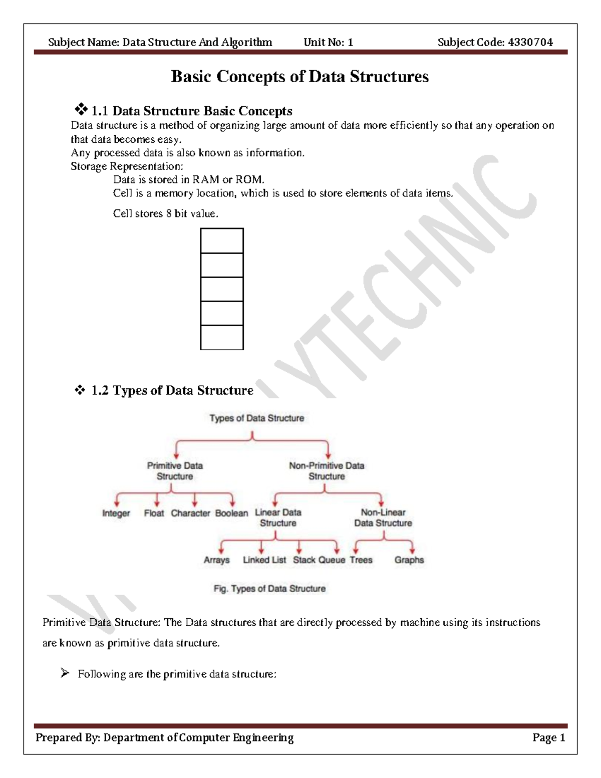 Material DSA - data structure and algorithms - Basic Concepts of Data Structures 1 Data ...