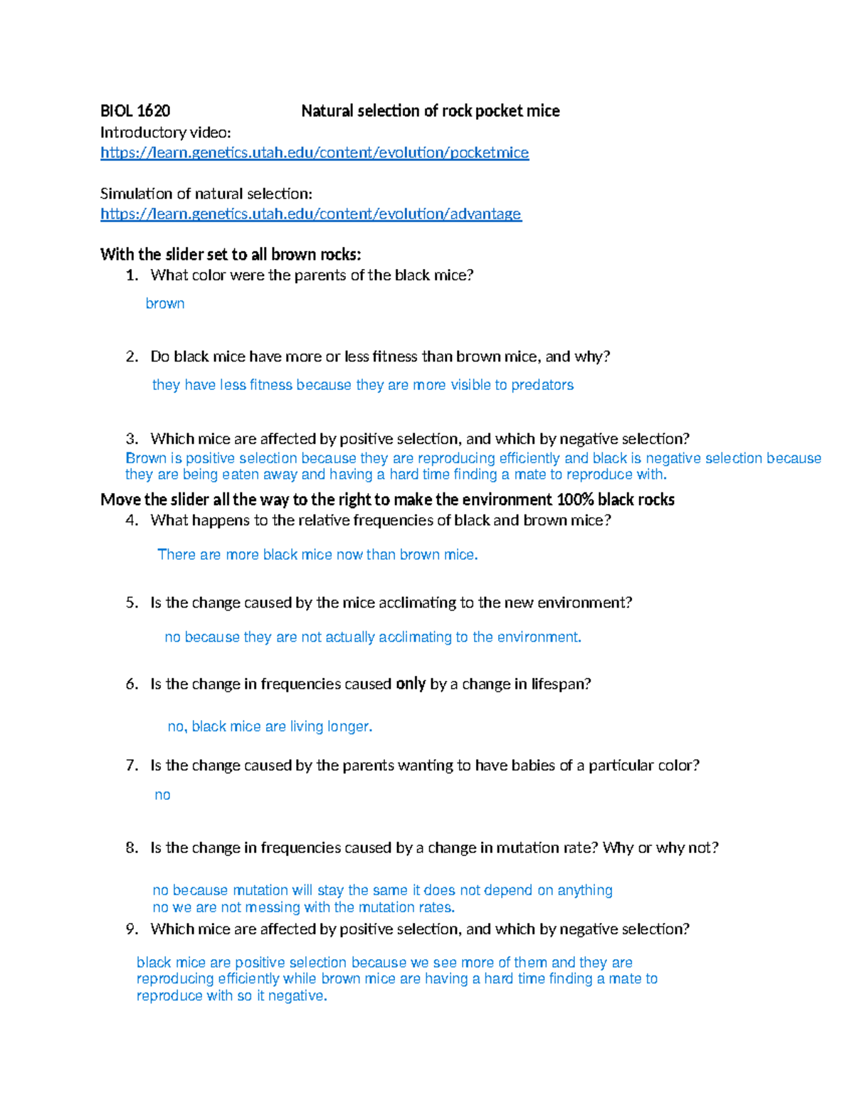 Mice simulation worksheet(1) - Tagged - BIOL 1620 Natural selection of ...