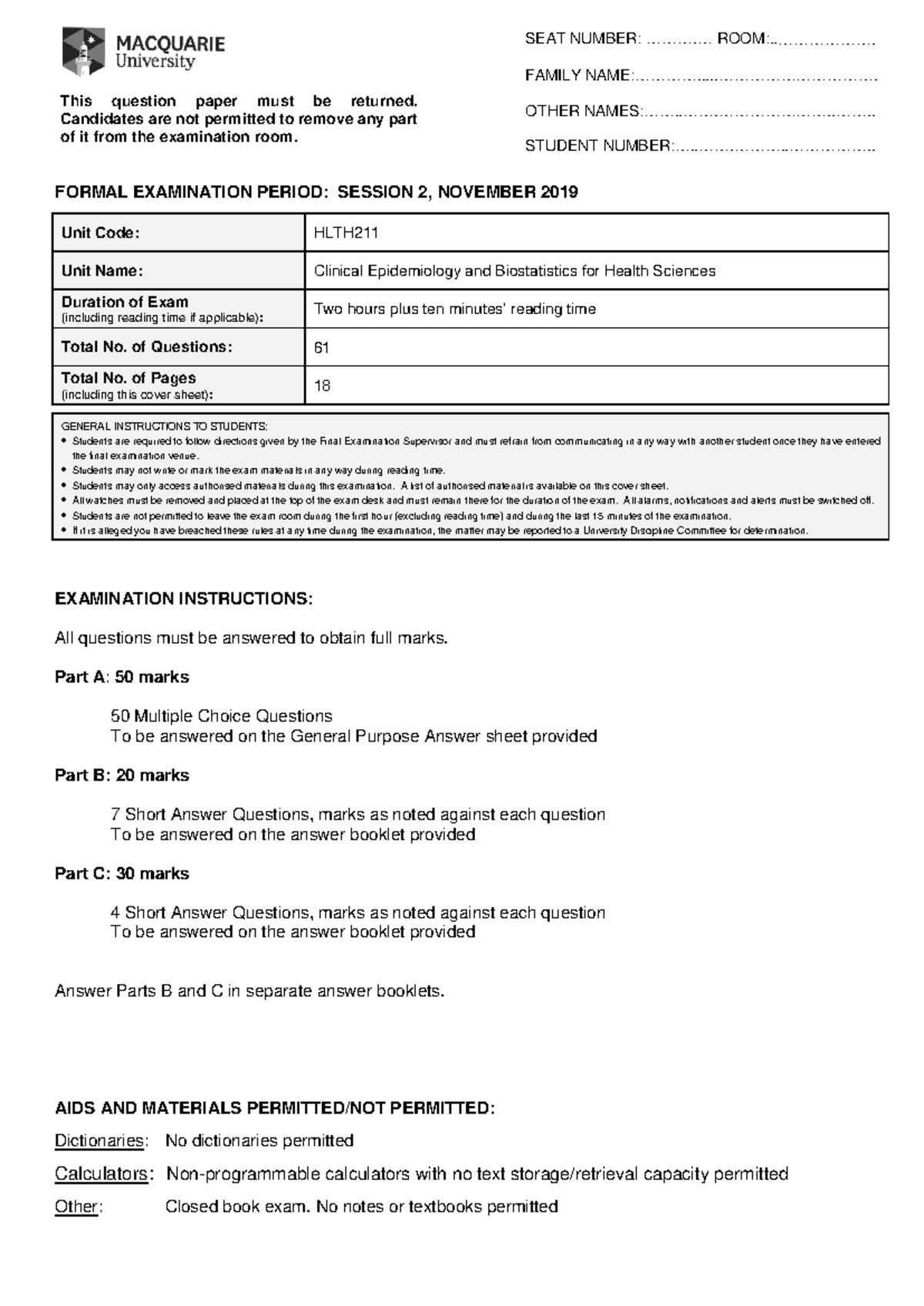 HLTH211 2019 S2 - Exam paper for revision - This question paper must be ...