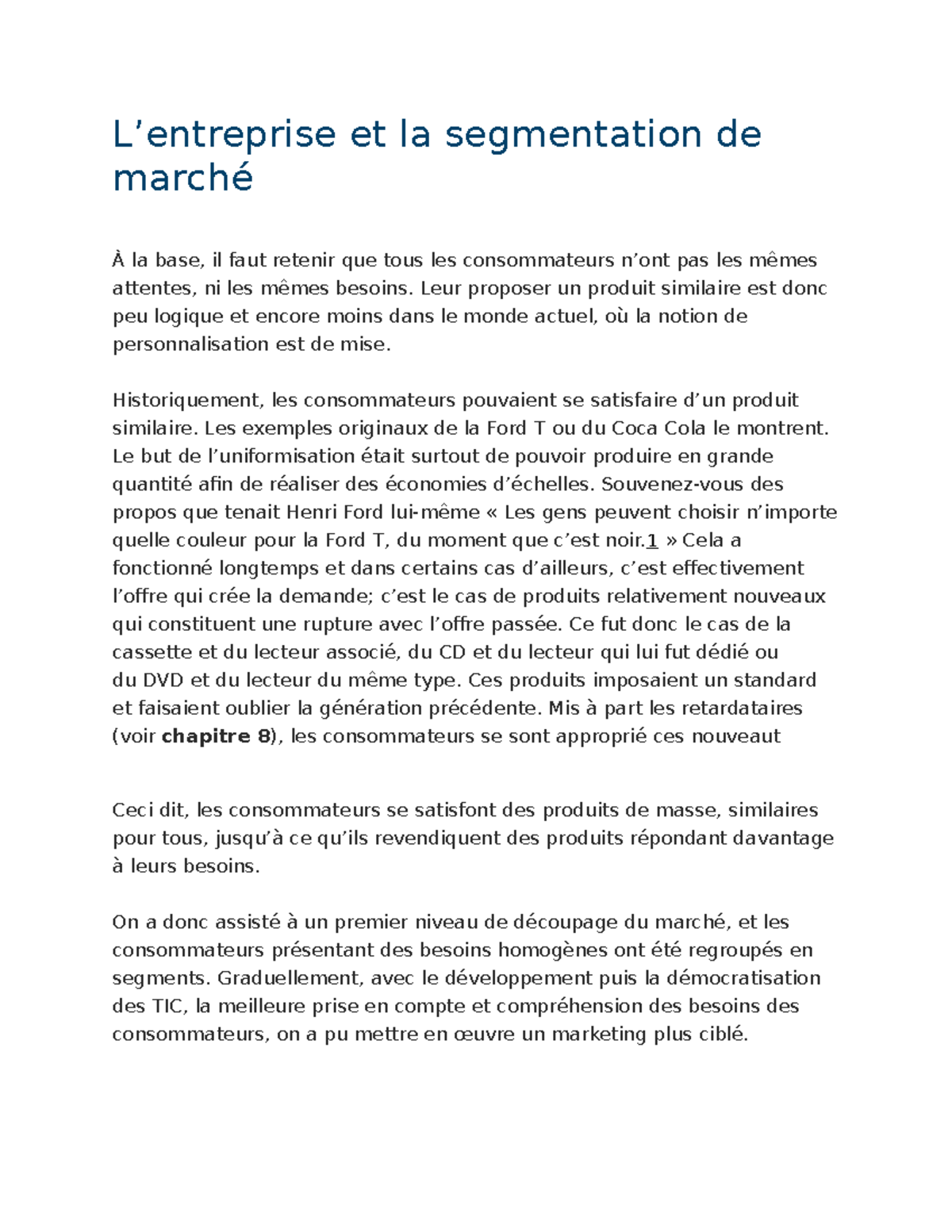 Notes de cours chapitre 6 La segmentation du marché - L’entreprise et ...