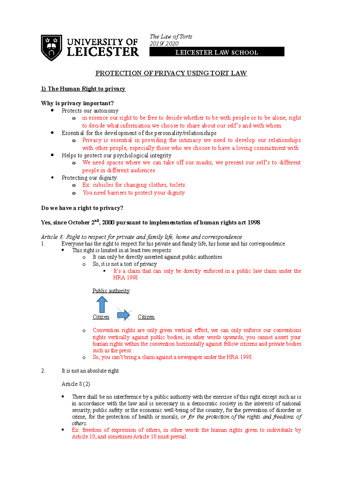 Privacy Lecture Notes - The Law of Torts 2019/ 2020 LEICESTER LAW ...