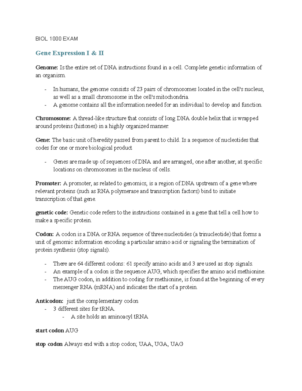 BIOL 1000 EXAM - BIOL 1000 EXAM Gene Expression I & II Genome: Is the ...
