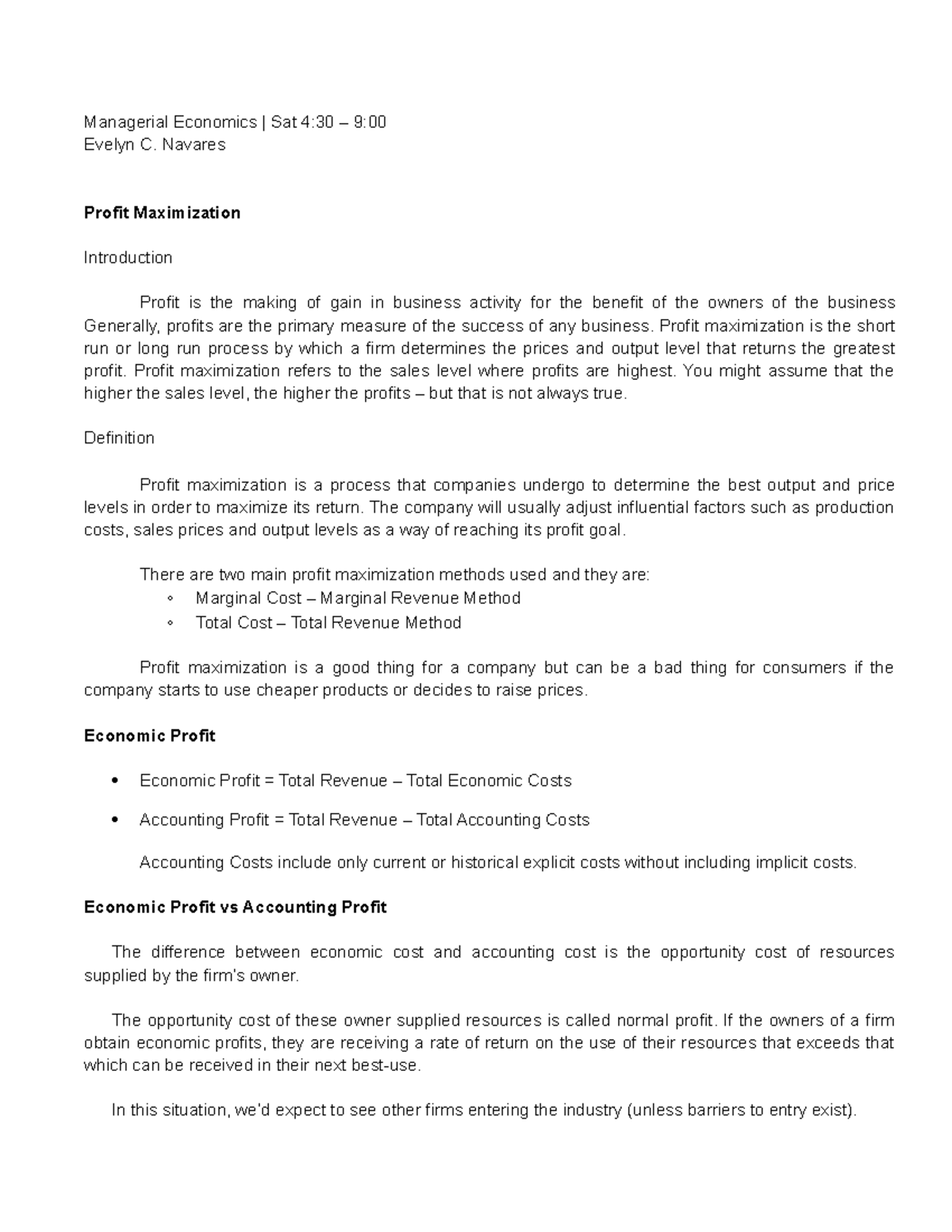 Profit Maximization Report Notes - Managerial Economics | Sat 4:30 – 9 ...