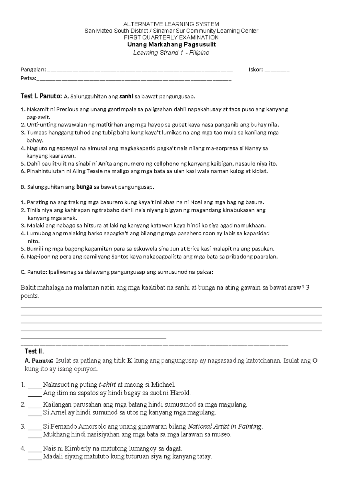 Als exam-filipino - Lecture notes - ALTERNATIVE LEARNING SYSTEM San ...