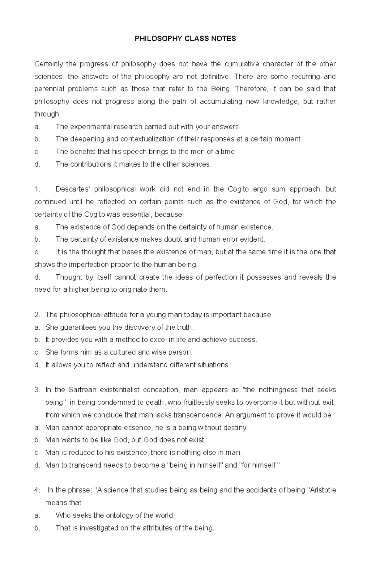 Philosophy Class Notes - PHILOSOPHY CLASS NOTES Certainly the progress ...