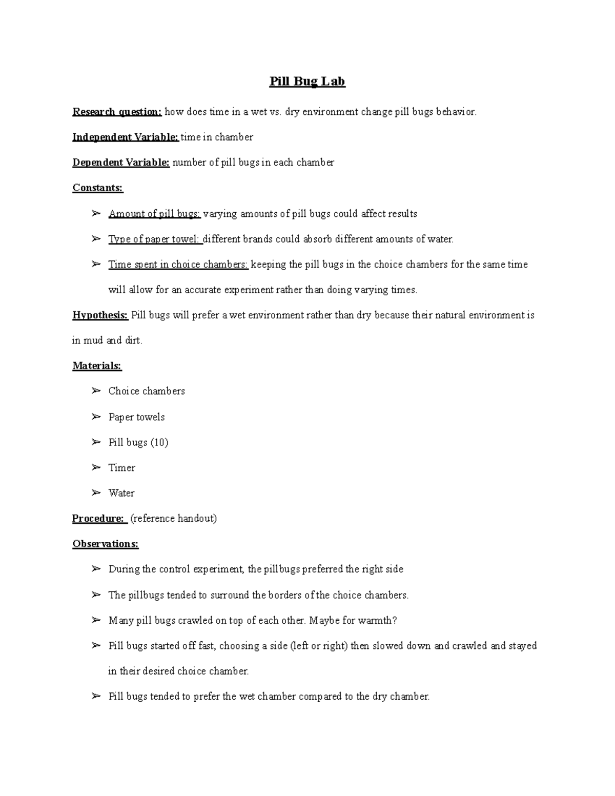 Pill Bug Lab Report - Pill Bug Lab Research question: how does time in ...