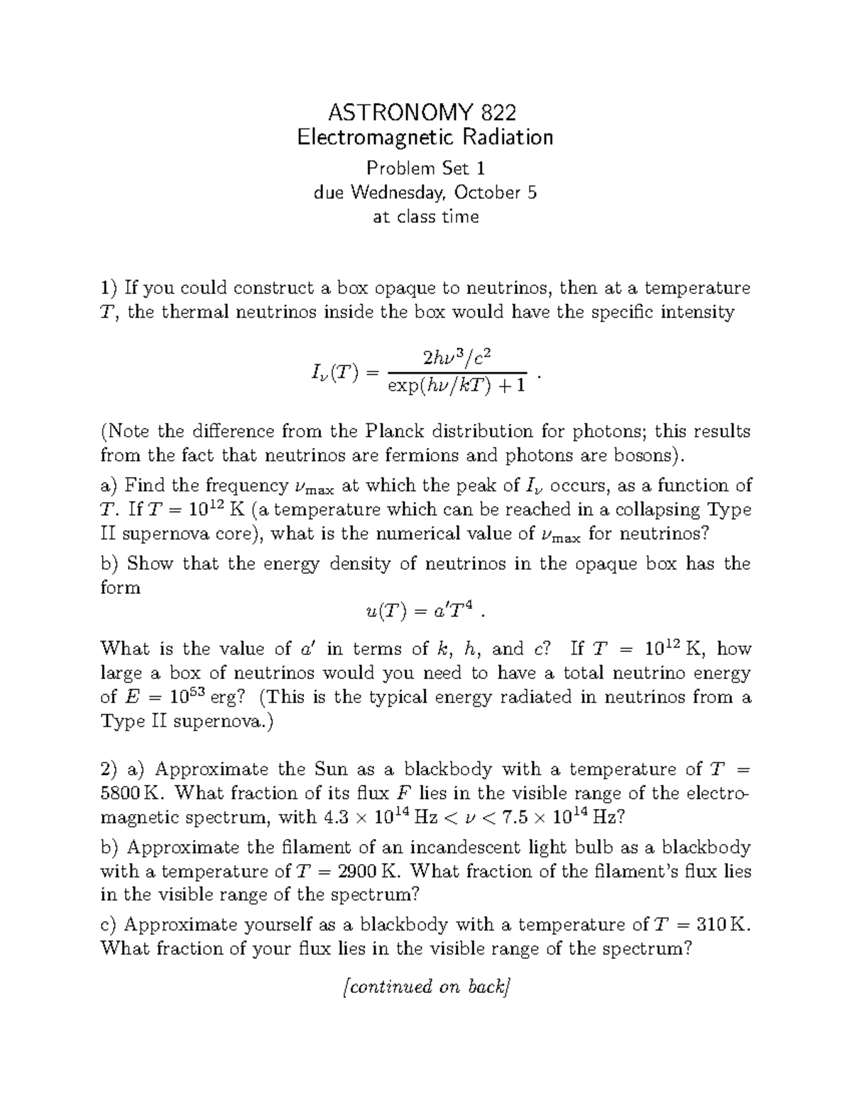 Seminar assignments - Problem-set 1-6 - ASTRONOMY 822 Electromagnetic ...