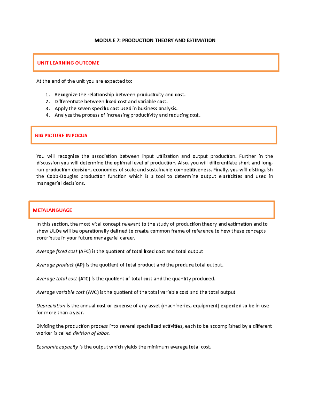 Module 6 Production Manecon - MODULE 7: PRODUCTION THEORY AND ...