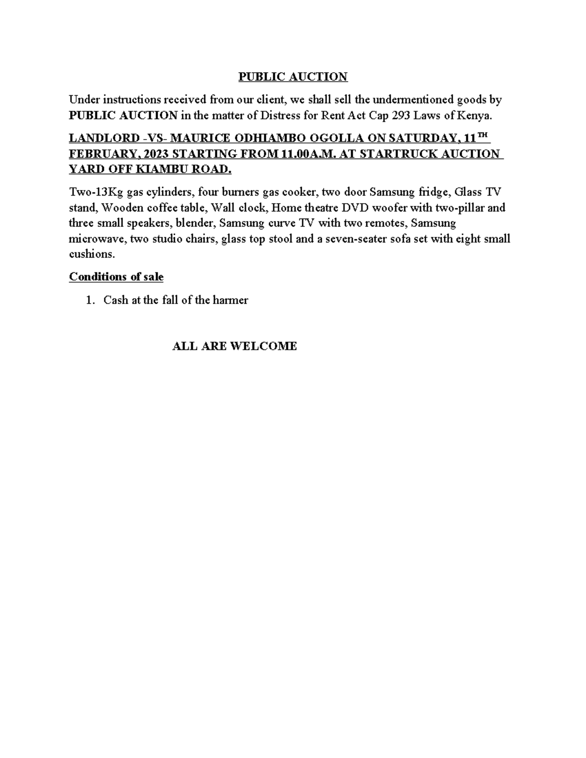 Public auction - good - PUBLIC AUCTION Under instructions received from ...