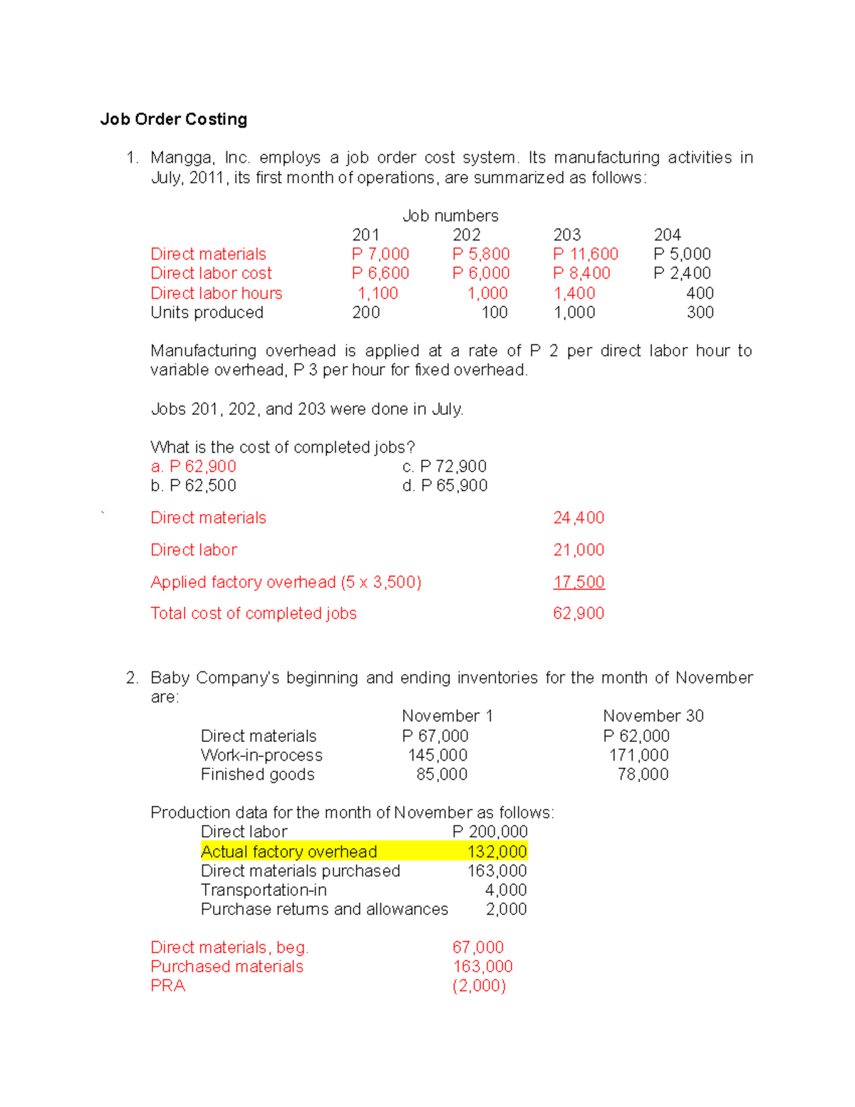 5.0 Job Order Costing Multiple Choice Questions - Job Order Costing ...