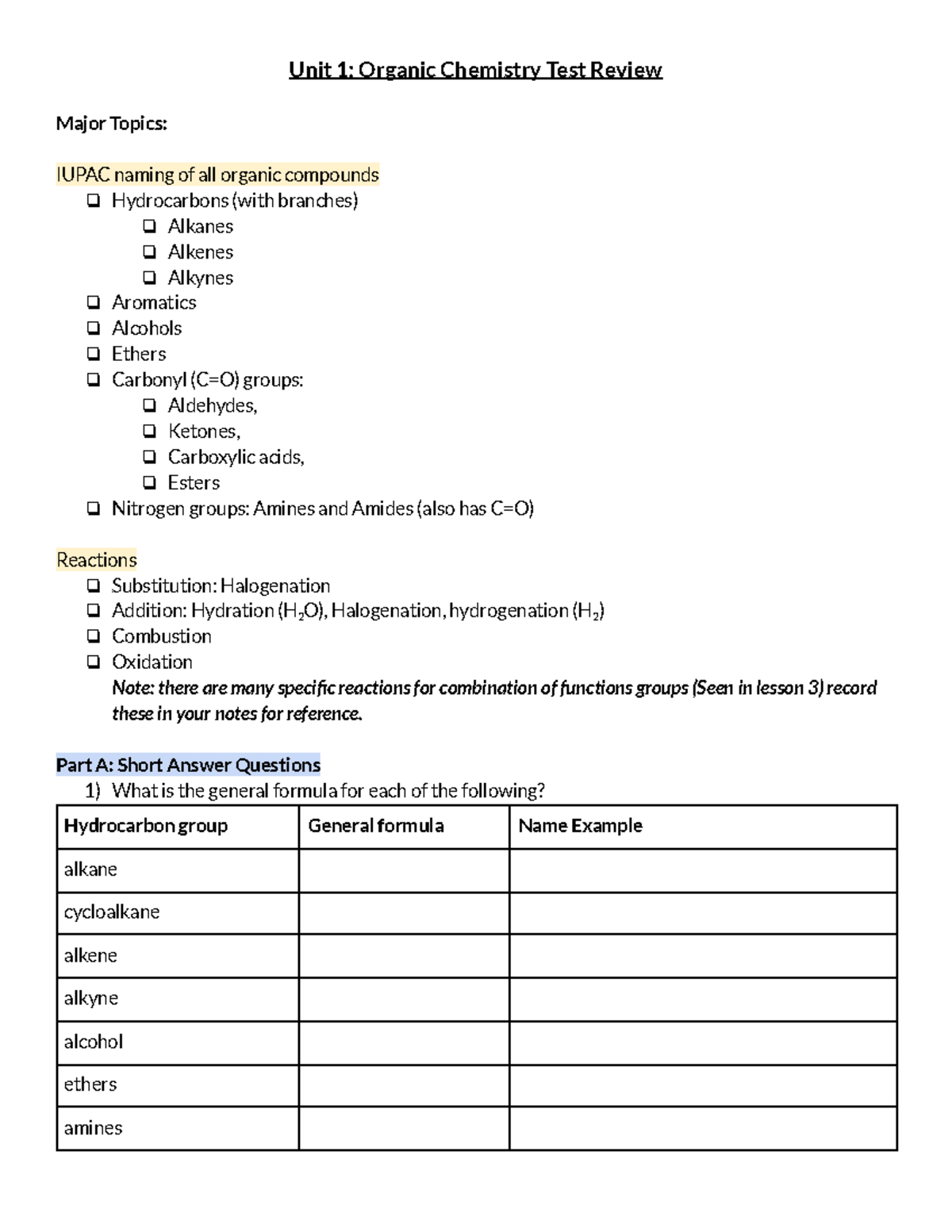 Unit 1 Organic Chemistry Test Review - Unit 1: Organic Chemistry Test ...