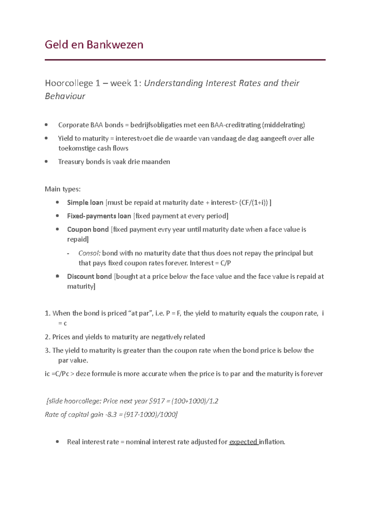 Geld en Bankwezen - notes - Geld en Bankwezen Hoorcollege 1 – week 1 ...