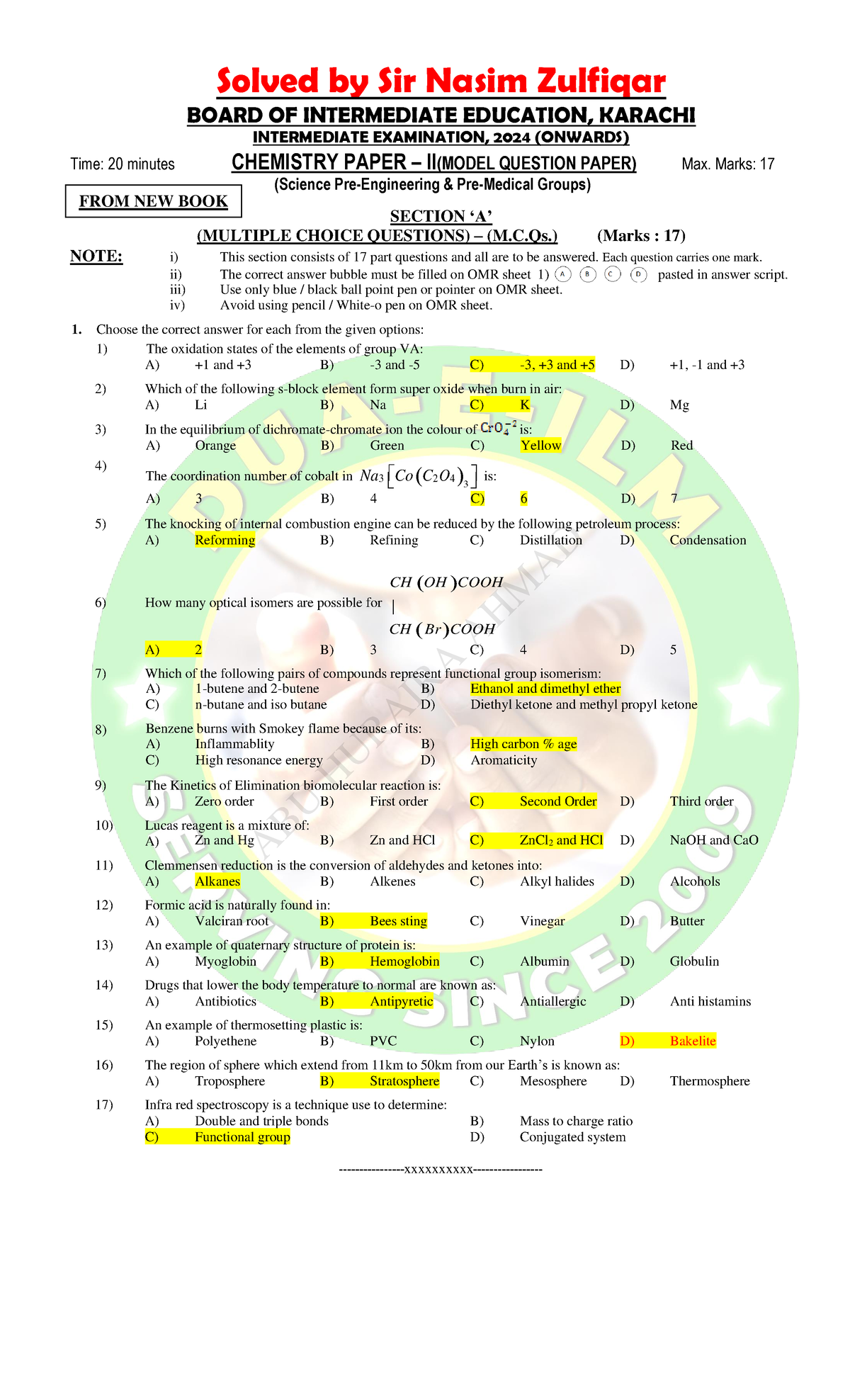 Chemistry Model Paper XII Chemistry 2024 (Solved By Sir Nasim Zulfiqar ...
