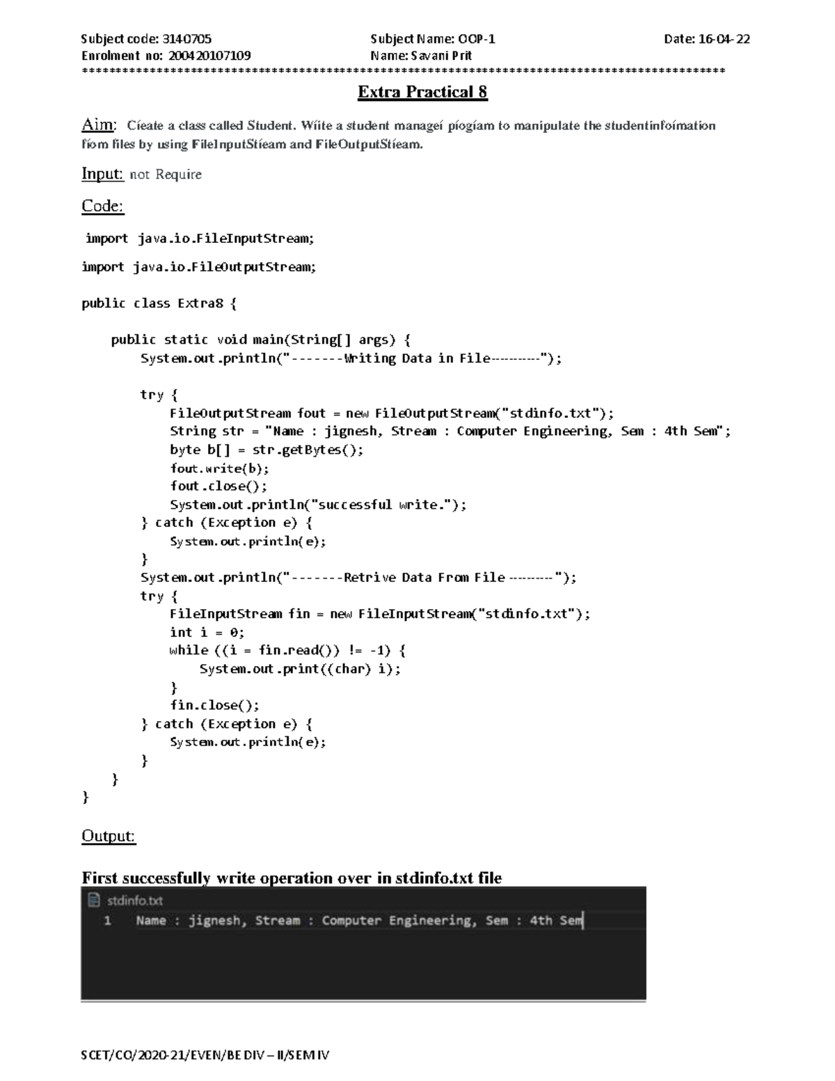 object oriented extrapractical 8 - Subject code: 3140705 Enrolment no ...