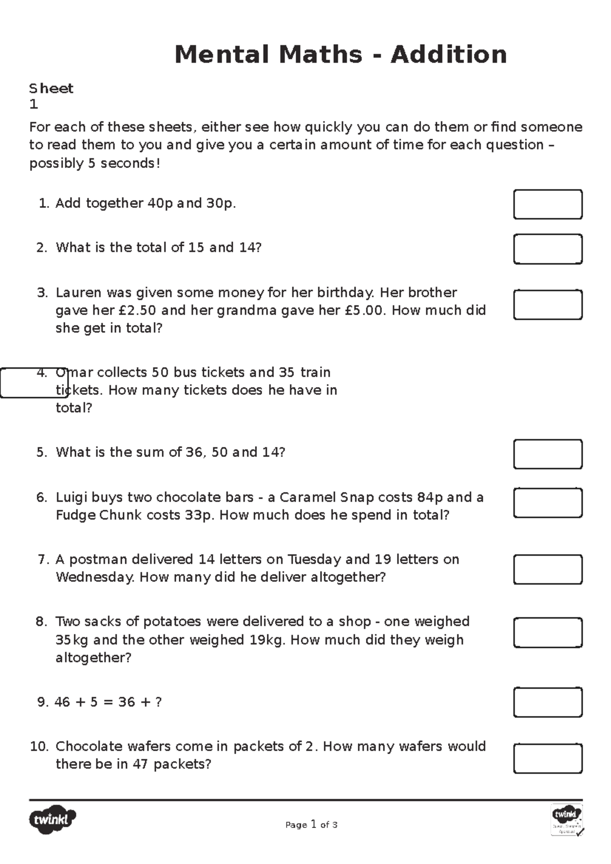 655365 - Exercise - Page 1 of 3 Sheet 1 Mental Maths - Addition For ...