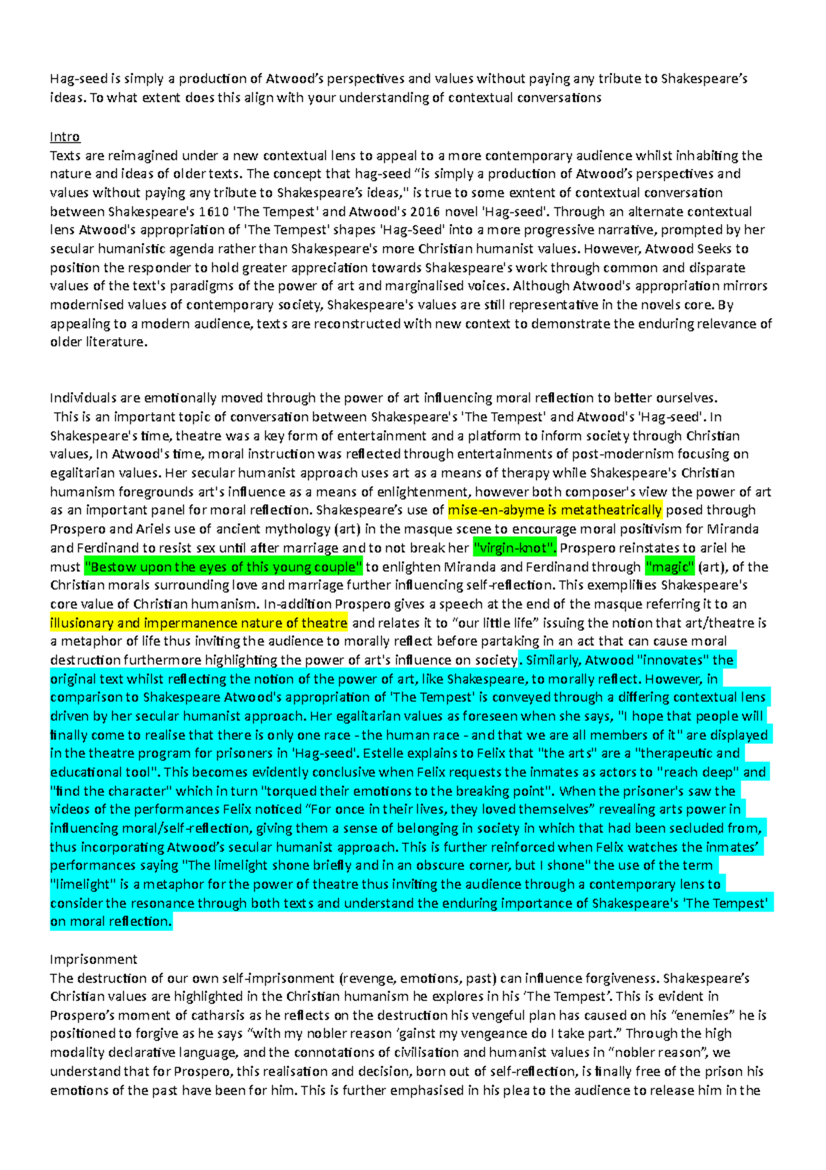 Power of art - Module A - tempest and hag-seed - Hag-seed is simply a ...