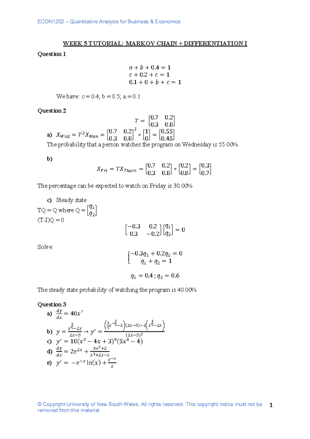 Week 5 Tutorial Solutions - ECON1202 – Quantitative Analysis for Business & Economics © - Studocu