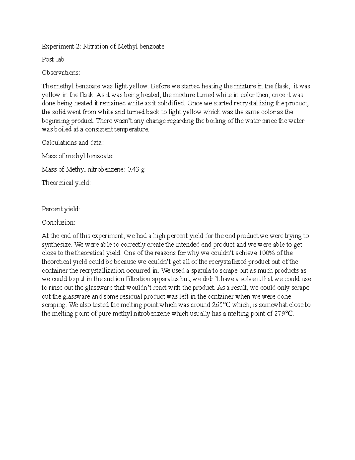 Experiment 2 post lab - post lab - Experiment 2: Nitration of Methyl ... Experiment 2 post lab - post lab - Experiment 2: Nitration of Methyl ...