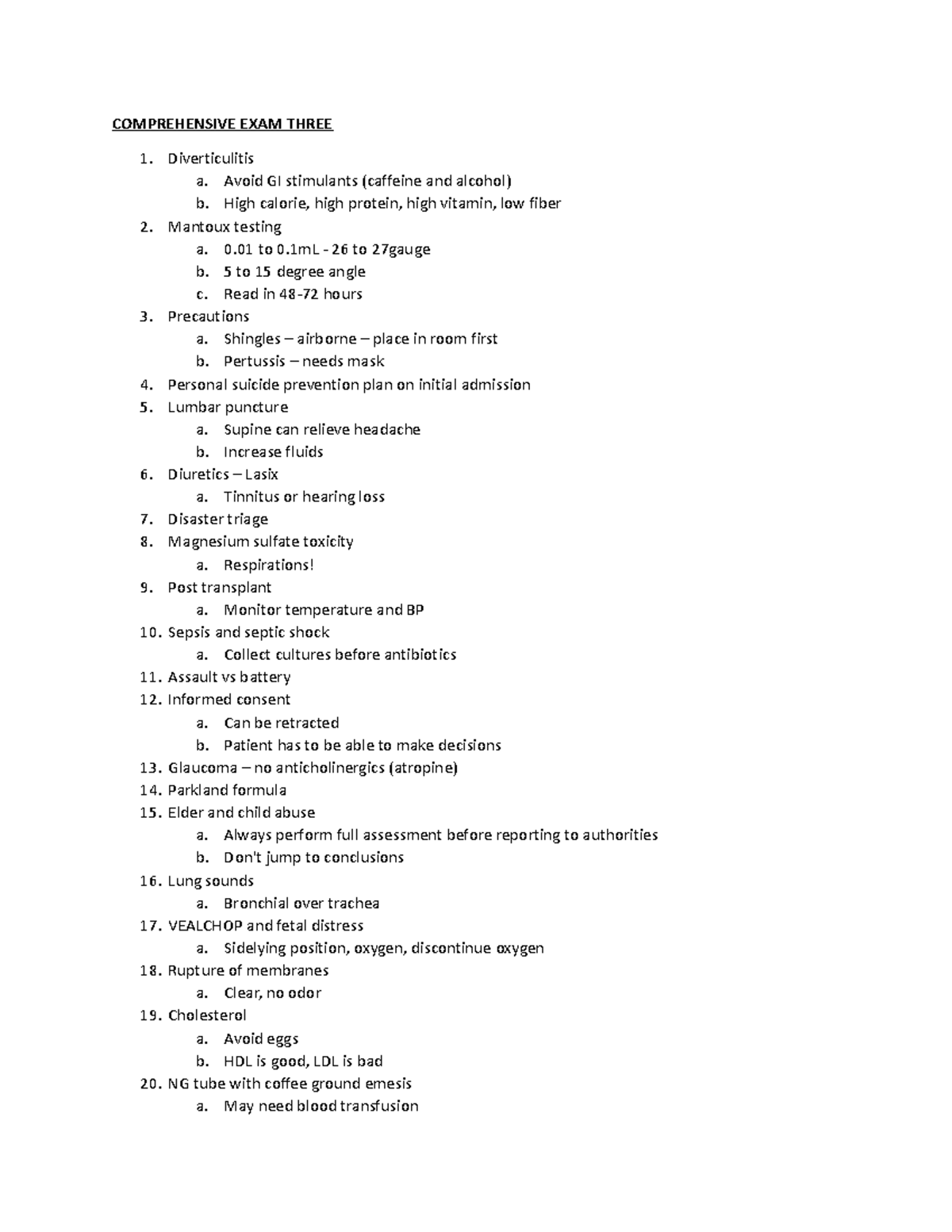 Comprehensive EXAM Three - COMPREHENSIVE EXAM THREE Diverticulitis a ...